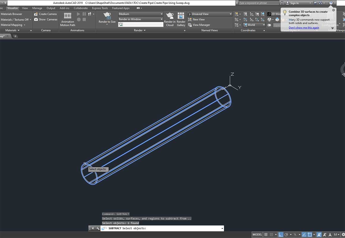 How to Create Pipe Using Sweep Feature Command - AutoCad Tutorial